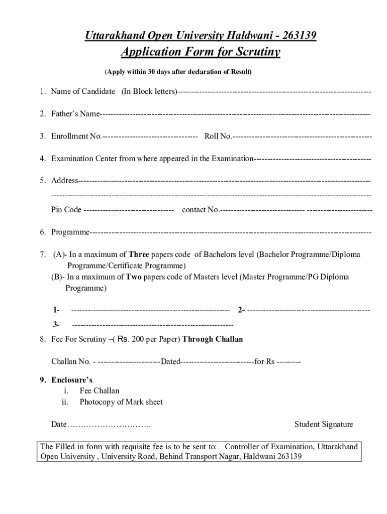 Fillable Online Uou Ac Application Form For Scrutiny Uttarakhand Open