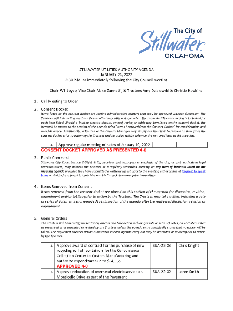 Fillable Online Stillwater Utilities Authority agenda Fax Email Print ...