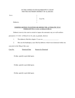 Fillable Online Verified Motion To Extend Or Impose Automatic Stay ...