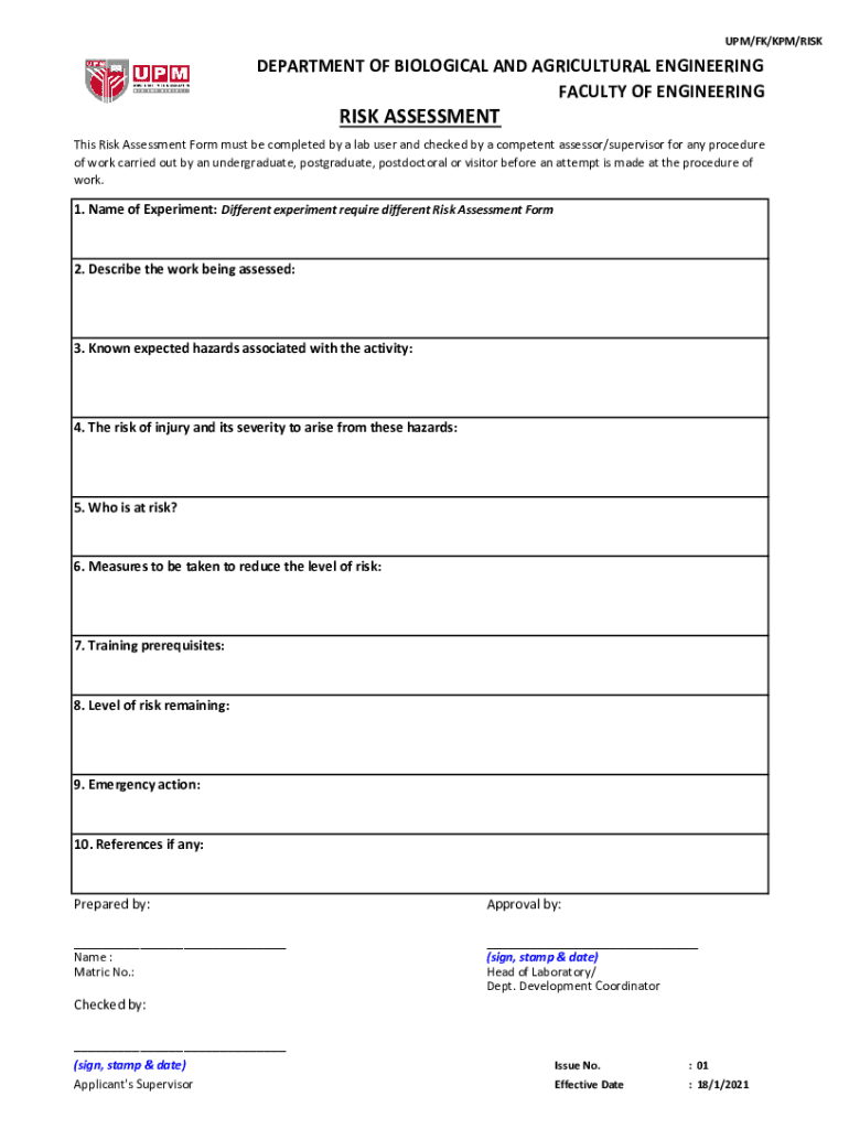 Fillable Online eng upm edu KBP 1 Risk Assesment Form (RISK).xlsx Fax ...