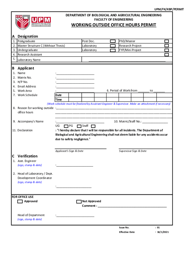 Fillable Online eng upm edu KBP 4 Lab Working Outside Office Hour ...