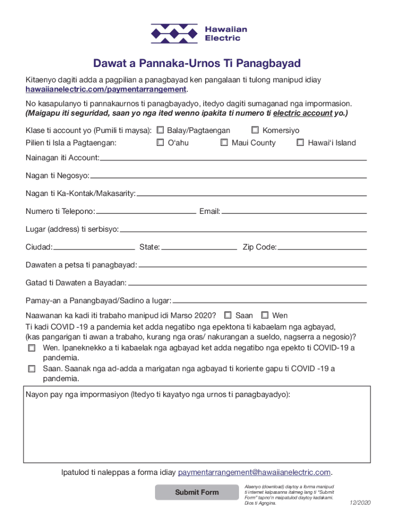 Fillable Online Payment Arrangement Request - Ilocano - Hawaiian Electric Fax Email Print ...