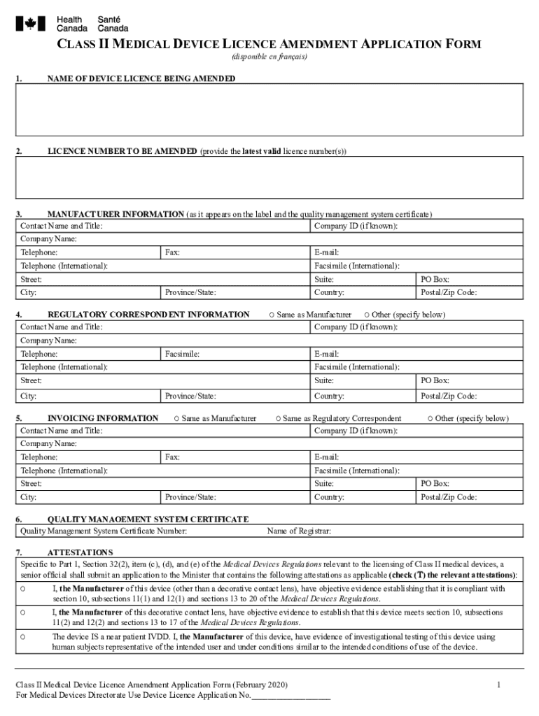 Fillable Online Class II medical device licence amendment application ...