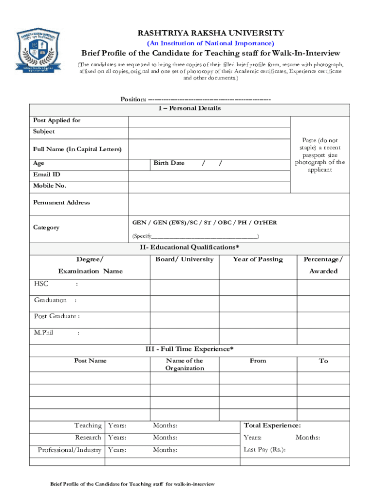 Fillable Online Brief Profile of the Candidate for Teaching staff for ...