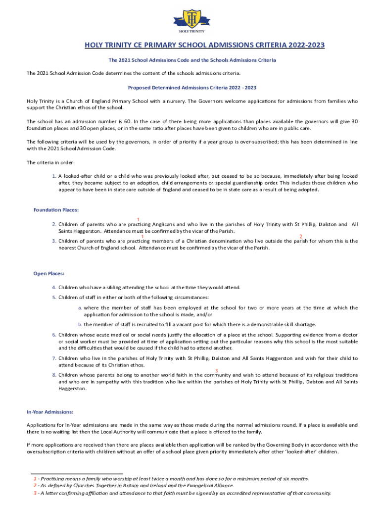 Fillable Online 2022-2023 Holy Trinity Admissions Criteria with ...