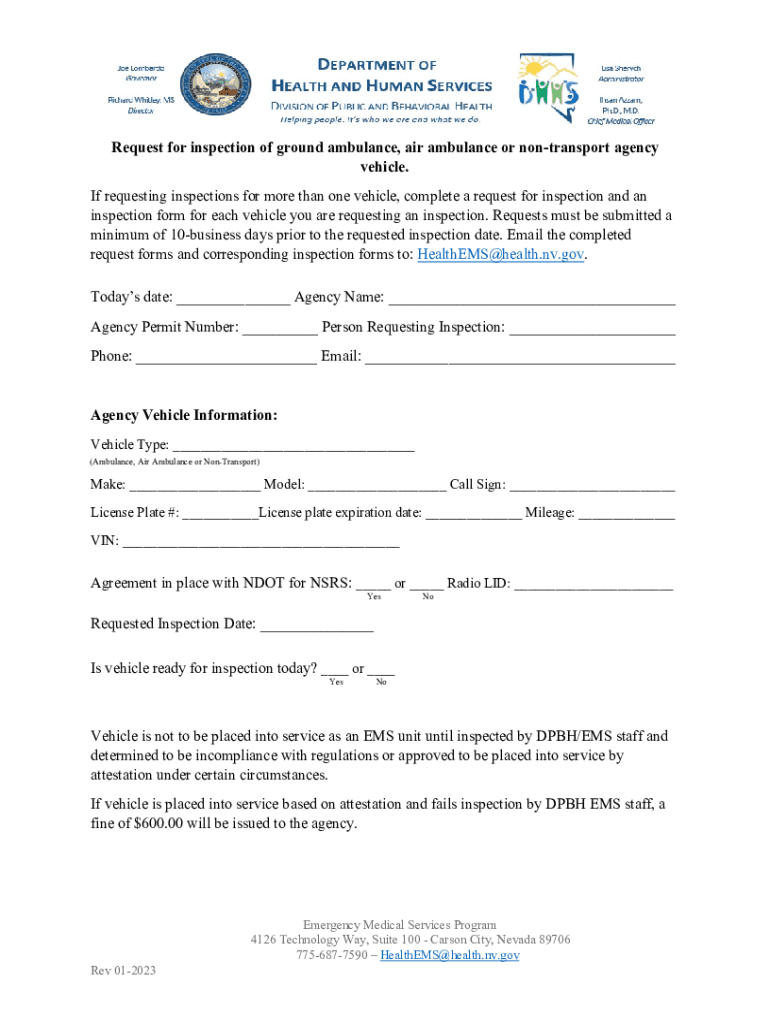 Fillable Online Request for inspection of ground ambulance, air ... - DPBH Fax Email Print ...