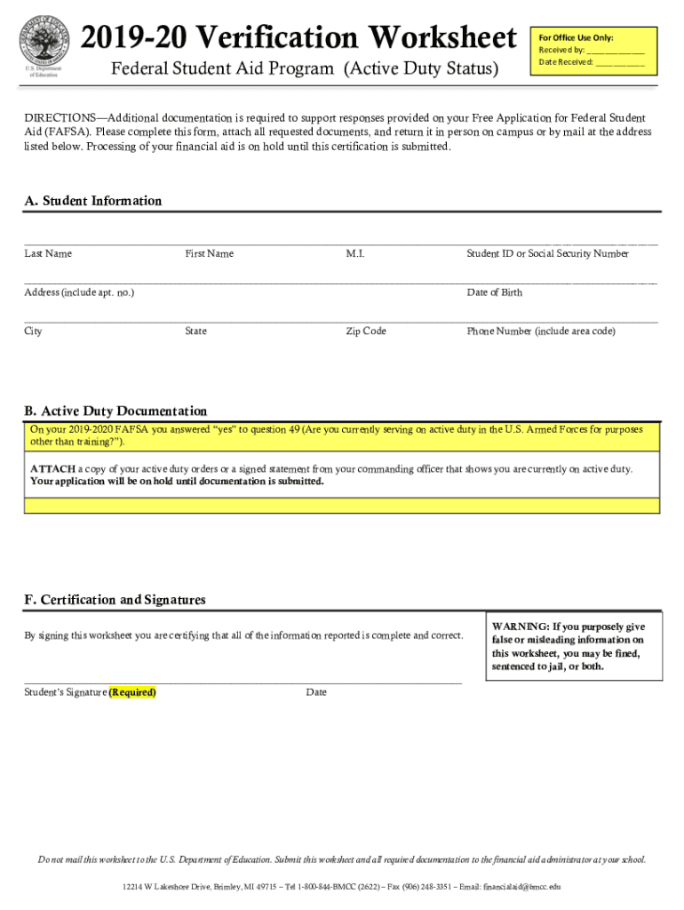 Fillable Online 2019-20 Verification Worksheet - Federal Student Aid Program ... Fax Email Print ...