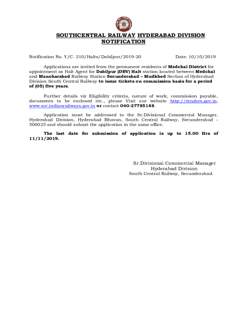 Fillable Online South Central Railway Notification No. Y/C/210/Halt ...
