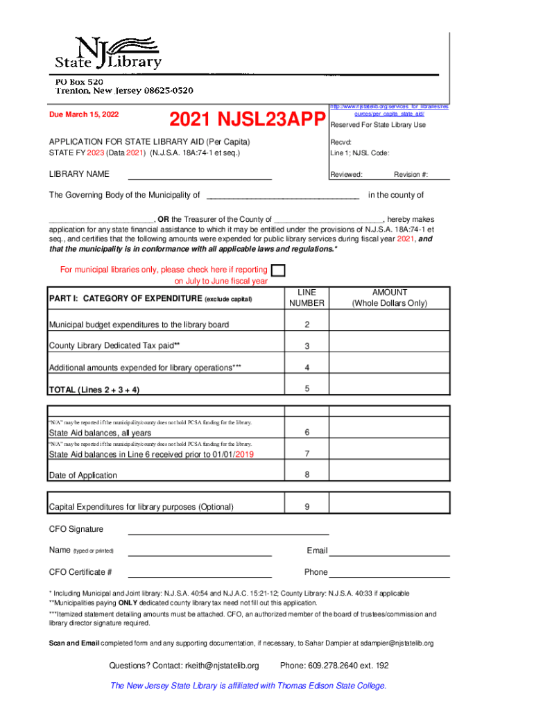 Fillable Online Per Capita State Aid - New Jersey State Library Fax ...