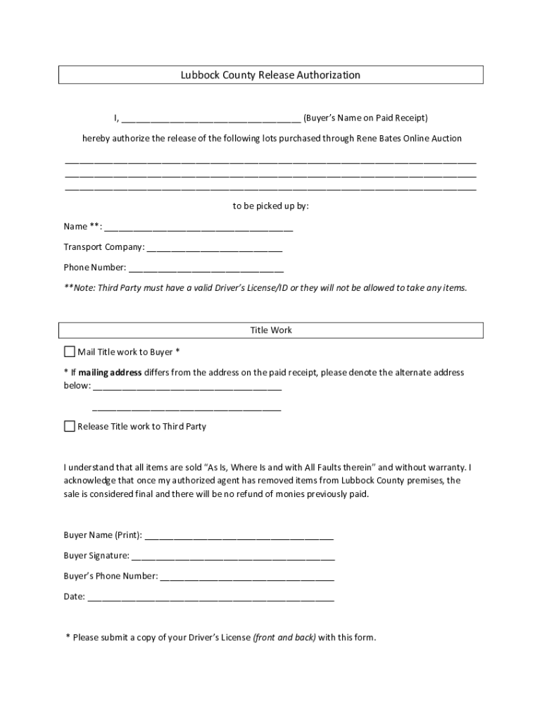 Fillable Online Lubbock County Release Authorization Fax Email Print - pdfFiller