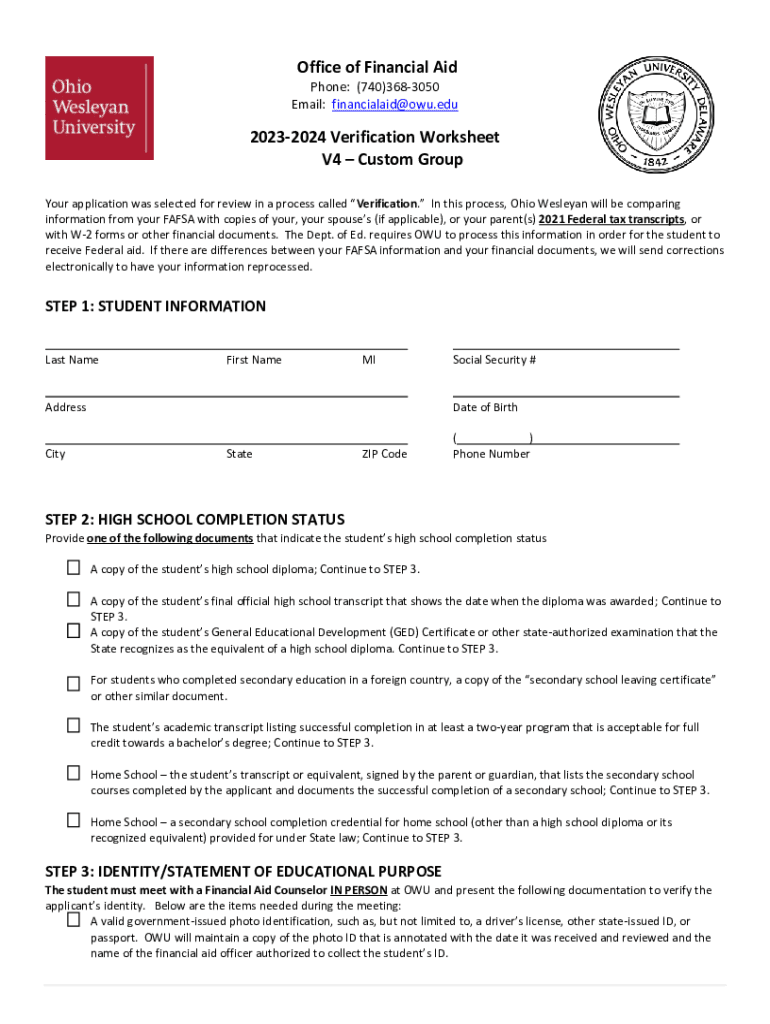 Fillable Online Office of Financial Aid 2032-2024 Verification ...