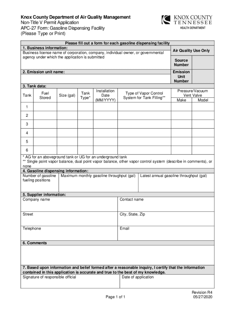 Fillable Online APC-27 Form: Gasoline Dispensing Facility (Please Type ...