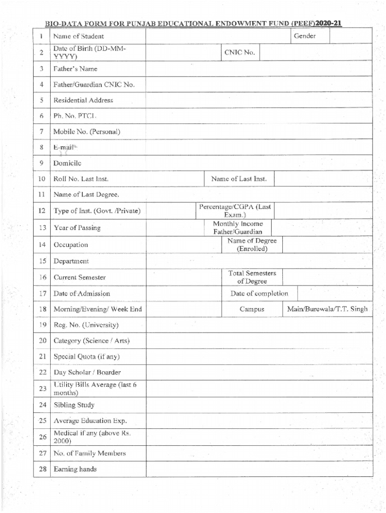 Fillable Online bio-data form for punjab educational endowment fund ...