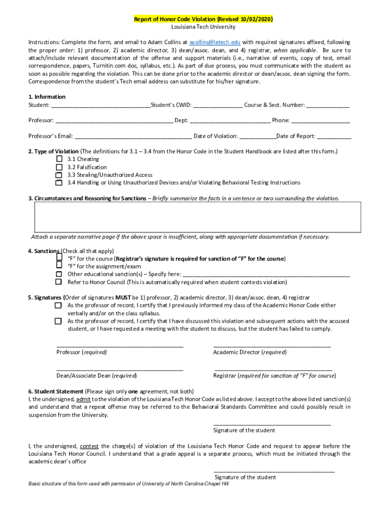 Fillable Online Report of Honor Code Violation Form Submission ...