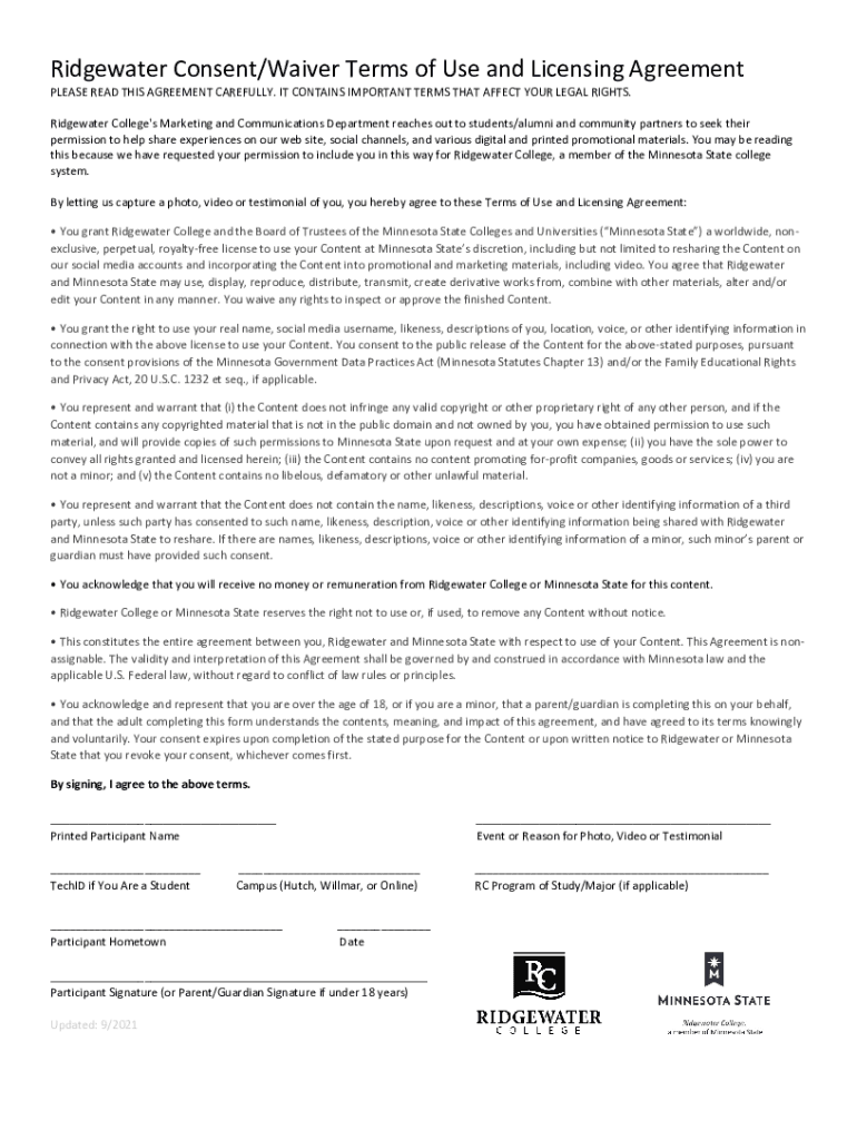 Fillable Online Ridgewater Consent/Waiver Form for Marketing Fax Email ...