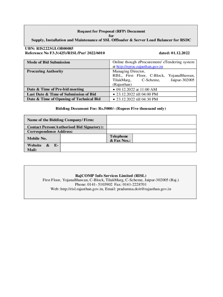 Fillable Online risl rajasthan gov Request for Proposal (RFP) Document for Supply, Installation ...