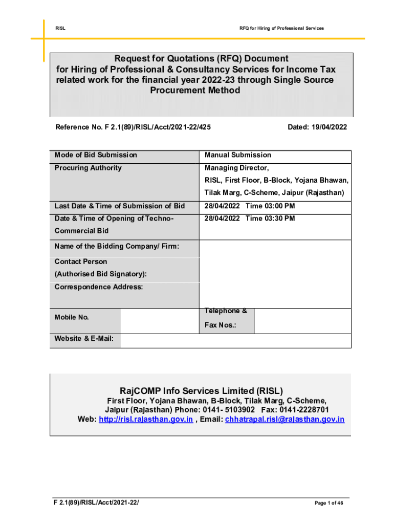 Fillable Online risl rajasthan gov RFP for Hiring of Tax Consultant raj ...