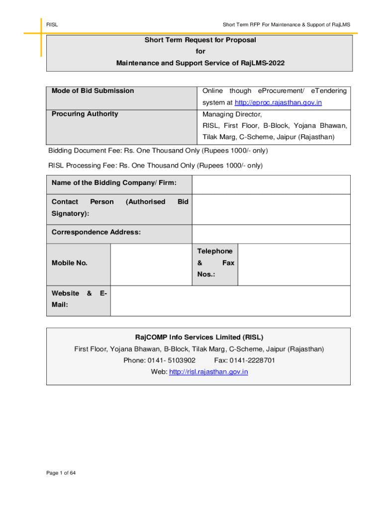 Fillable Online risl rajasthan gov REQUEST FOR PROPOSALS (RFP) for RISK ... Fax Email Print ...