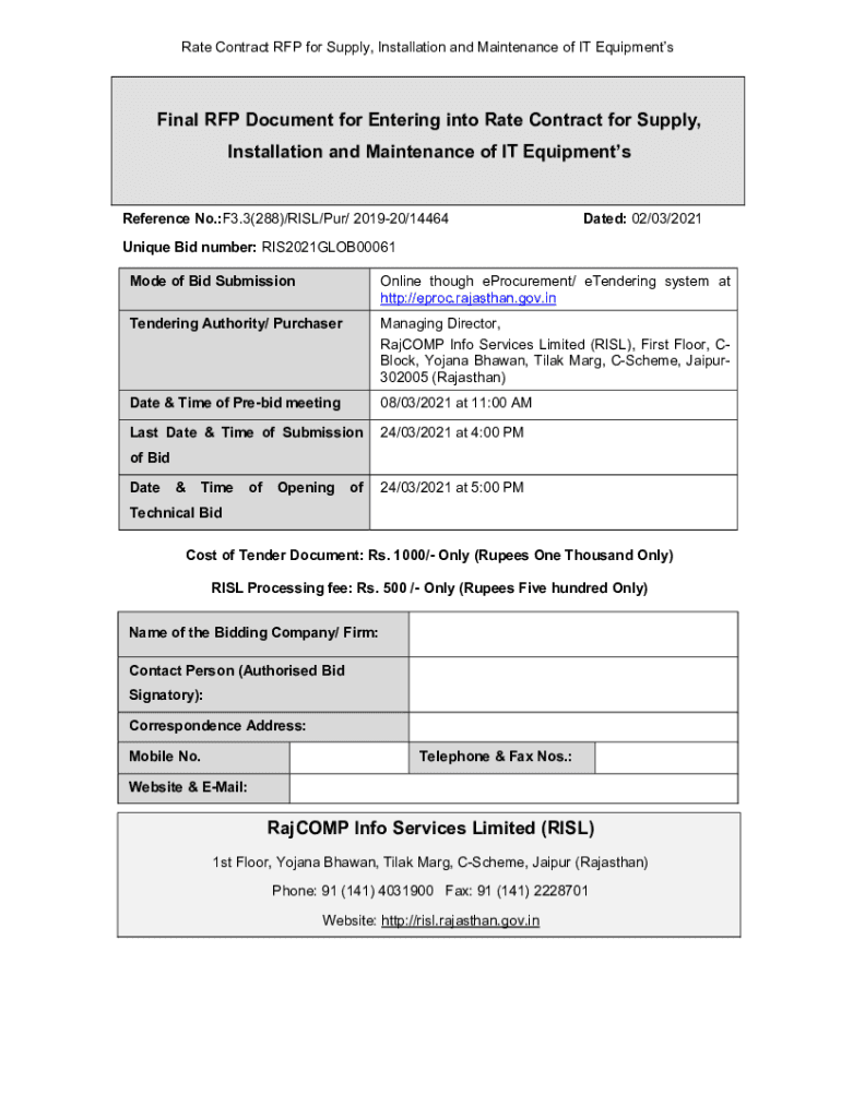 Fillable Online risl rajasthan gov Rate Contract RFP for Supply ...