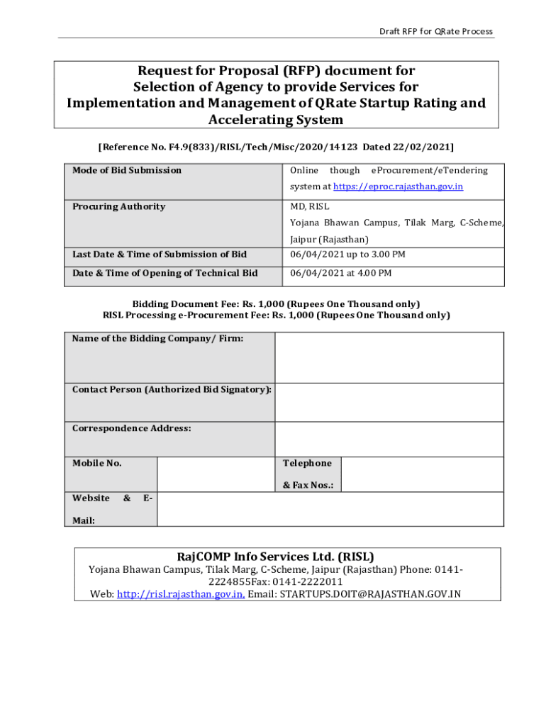 Fillable Online risl rajasthan gov Request for Proposal (RFP) document for Selection of Agency ...