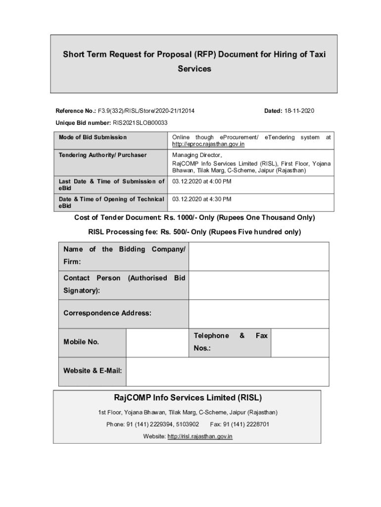 Fillable Online risl rajasthan gov Short term Request for Proposal (RFP ...