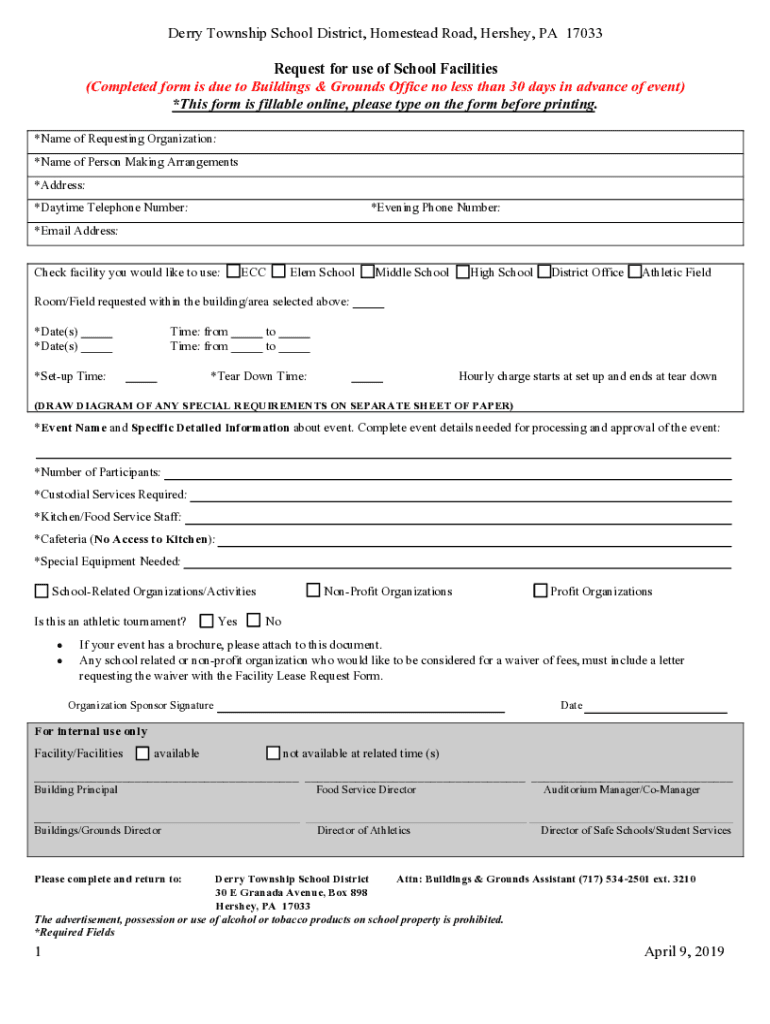 Fillable Online Parks and Recreation Facility Request Form - Derry Township Fax Email Print ...