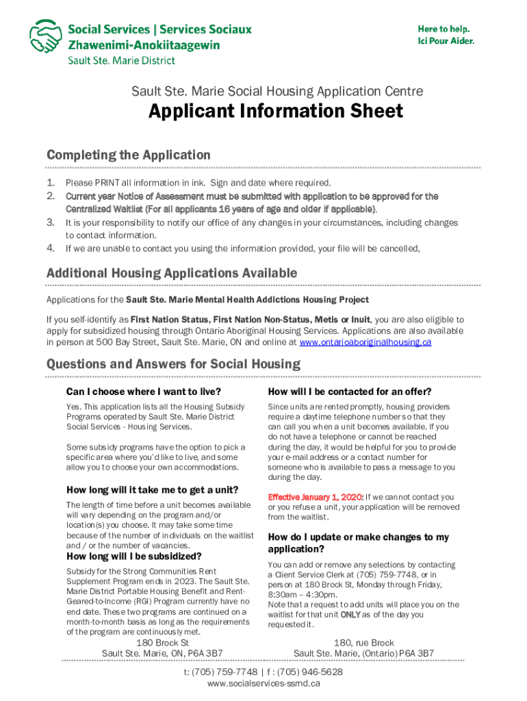 Fillable Online Applicant Information Sheet - Social Services Sault Ste ...