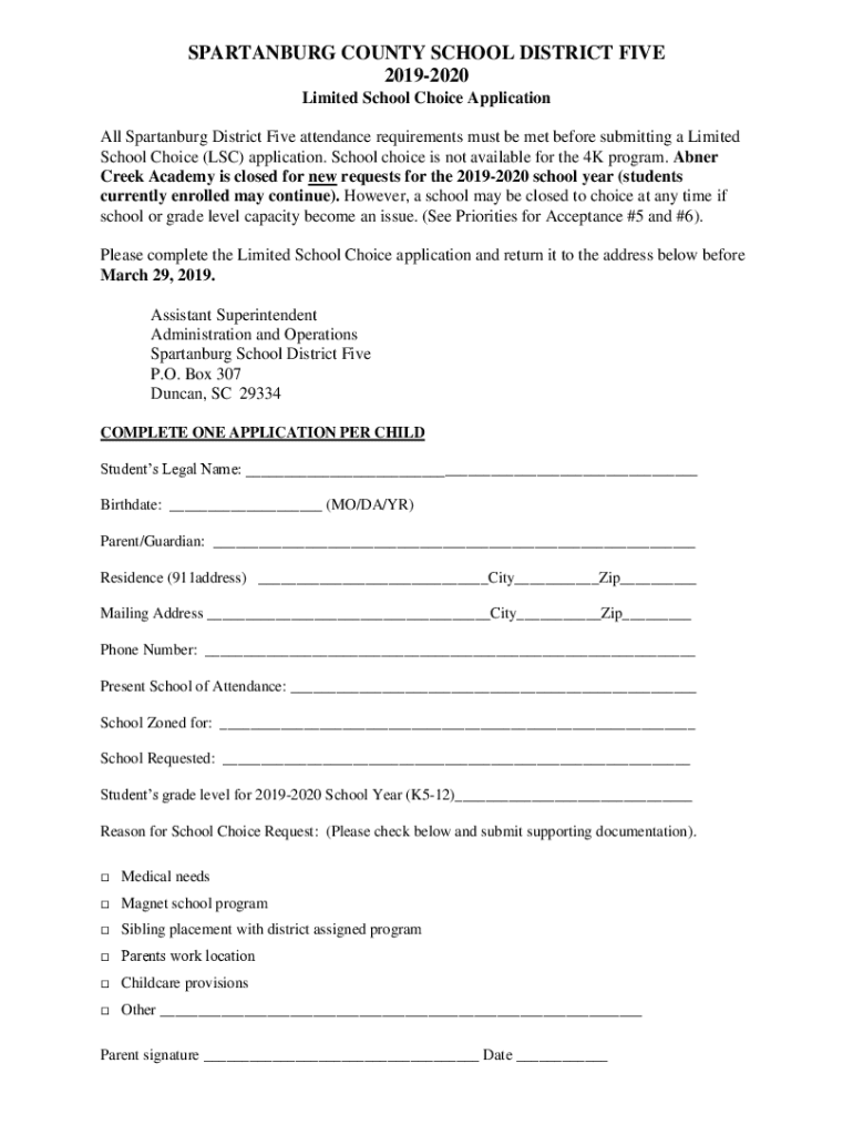 Fillable Online Limited School Choice Application - Spartanburg ...