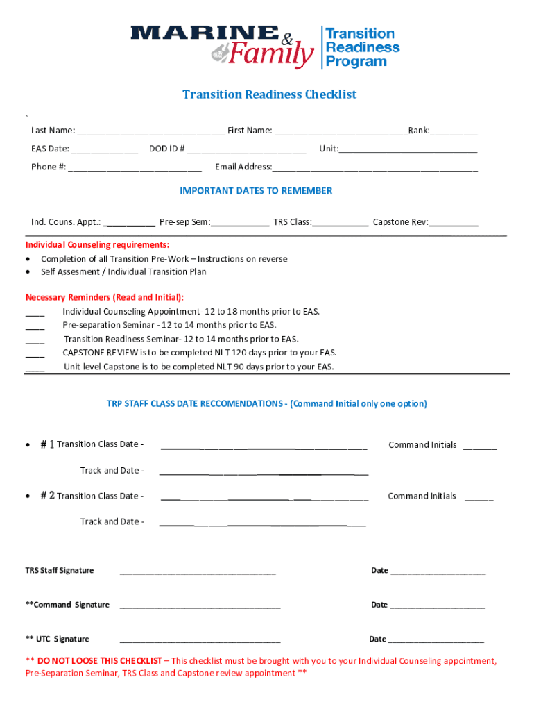 Fillable Online transition assistance initial self-assessment worksheet ...