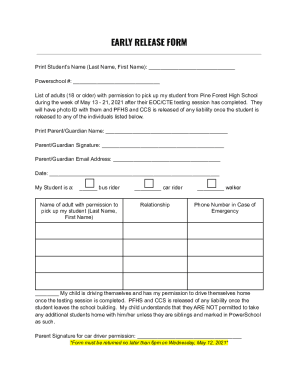 Fillable Online PFHS EOC Early Release Form - Cumberland County Schools ...