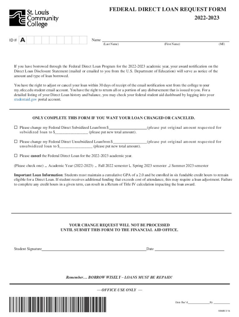 Fillable Online office of financial aid - 2022-2023 direct loan request ...