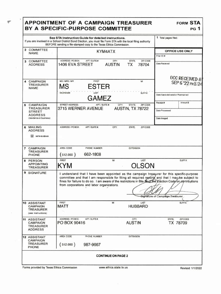 Fillable Online Fillable Form STA (Appointment of a Campaign Treasurer ...