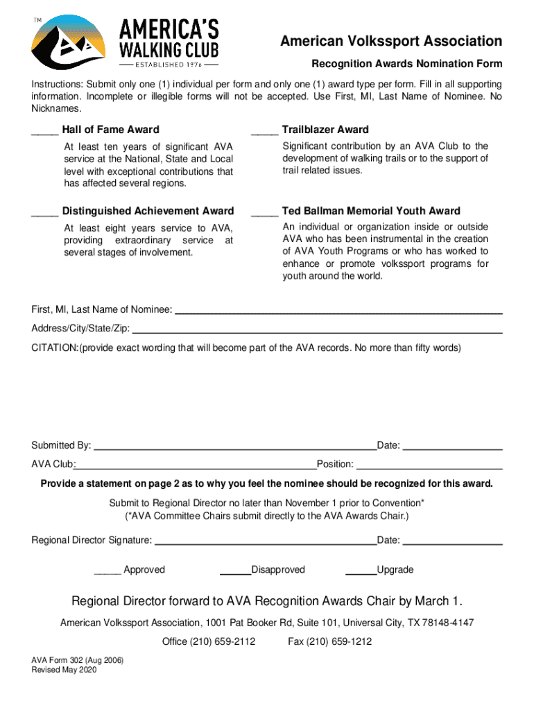 Fillable Online Regional Awards Recognition Nomination - AVA Form 303 ...