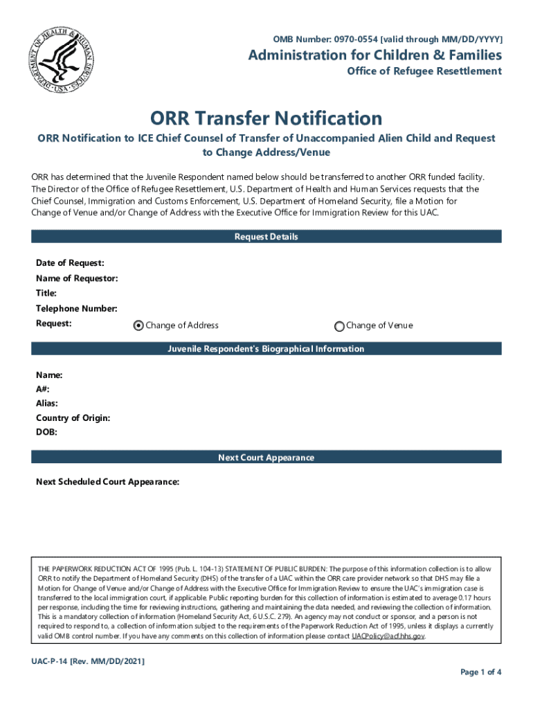 Fillable Online ORR Transfer Notification (Form P-14) - OMB 0970-0554 ...