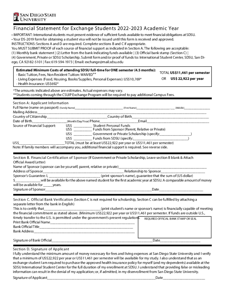 Fillable Online newscenter sdsu 2022-2023 Financial Statement Form for ...