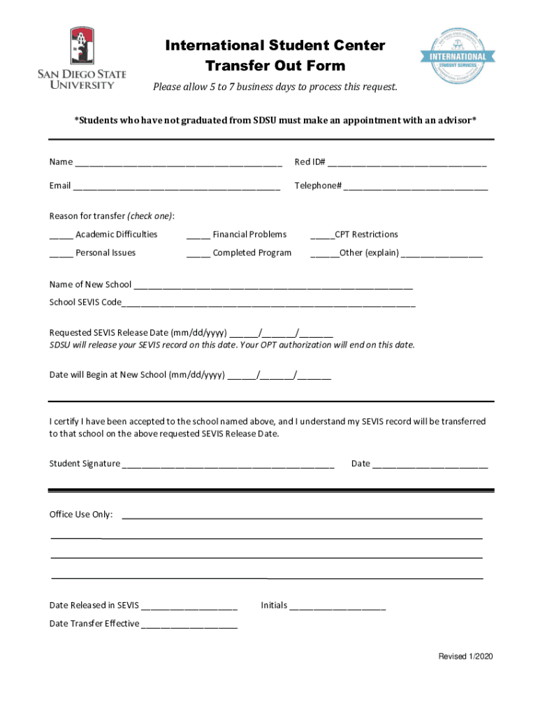 Fillable Online newscenter sdsu International Student Center Transfer ...