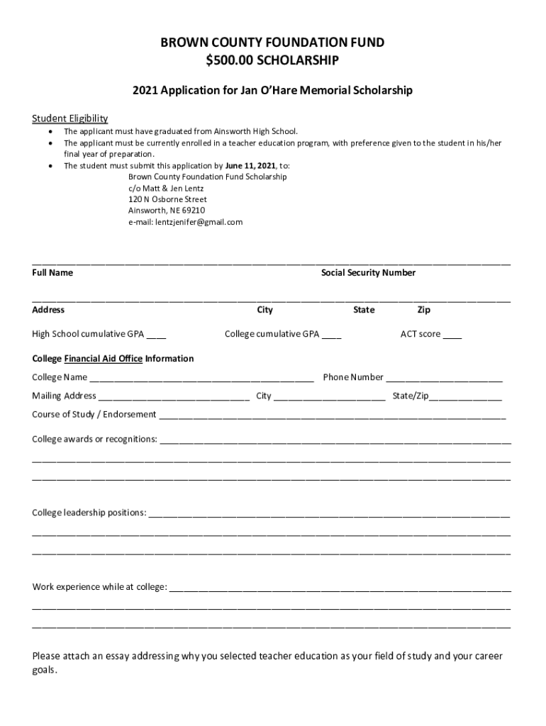 Fillable Online 2021 Application for Jan O'Hare Memorial Scholarship ...