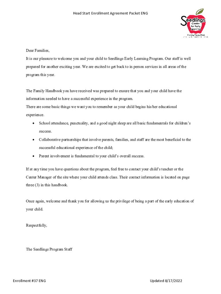 Fillable Online Early Head Start Enrollment Agreement Packet ENG Fax ...