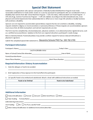 Fillable Online Special Diet Statement. Form to request a special diet ...