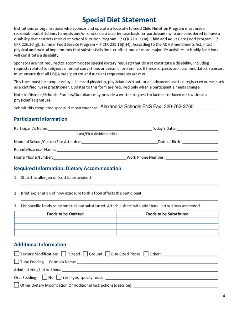 Fillable Online Special Diet Statement. Form to request a special diet for a participant with a ...