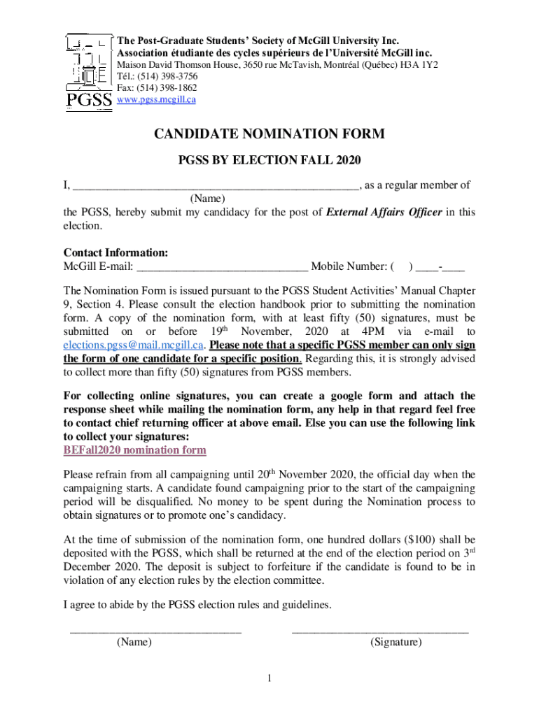 Fillable Online pgss mcgill The Post-Graduate Students' Society of McGill University Inc. Fax ...