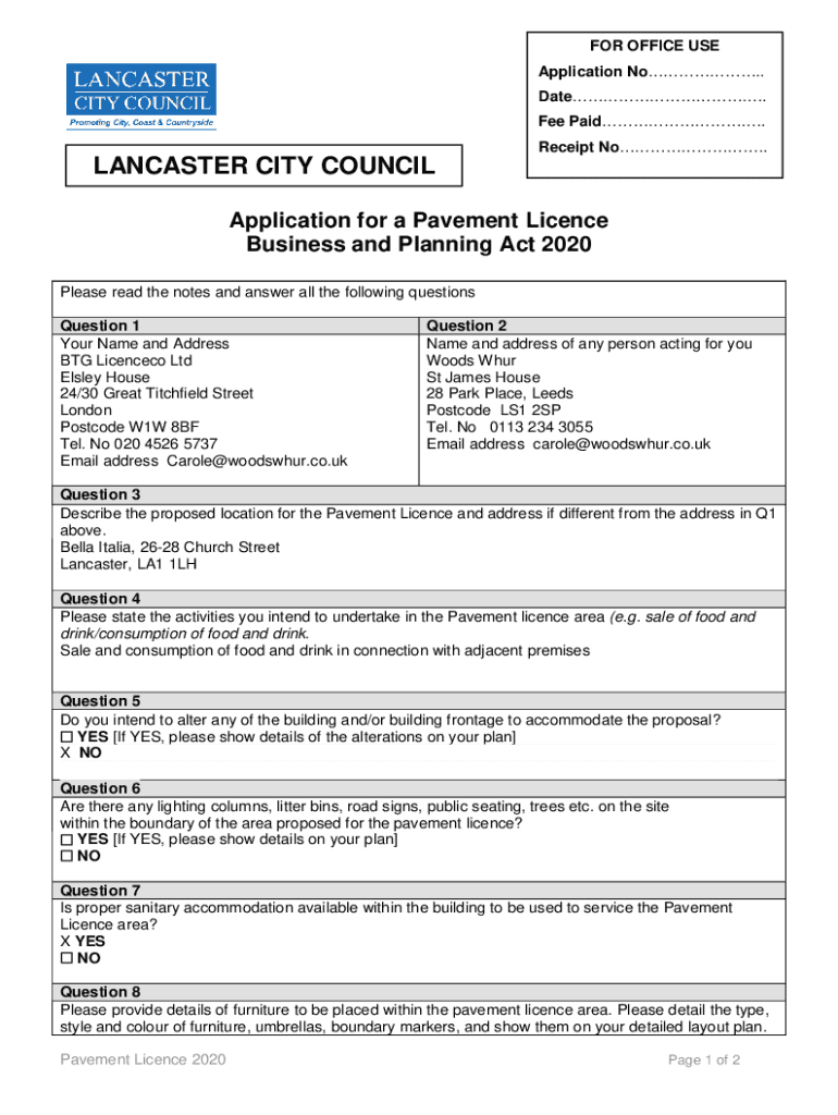 Fillable Online Pavement Licence Application Form - Lancaster City ...