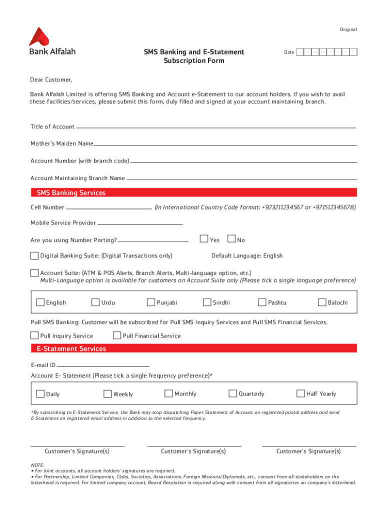 Fillable Online SMS Banking and E-Statement Form - Bank Alfalah Fax ...