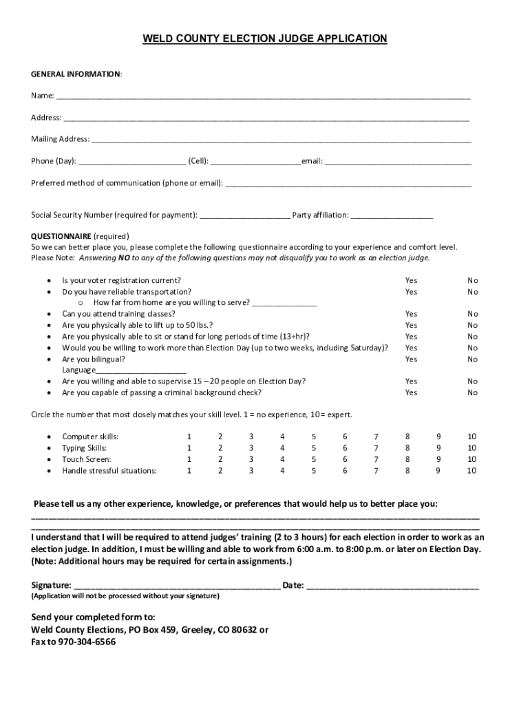 Fillable Online WELD COUNTY ELECTION JUDGE APPLICATION Fax Email Print - pdfFiller