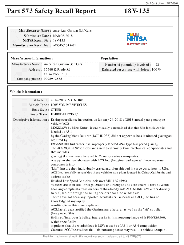 Fillable Online Part 573 Safety Recall Report 18V-135 NHTSA Fax Email ...