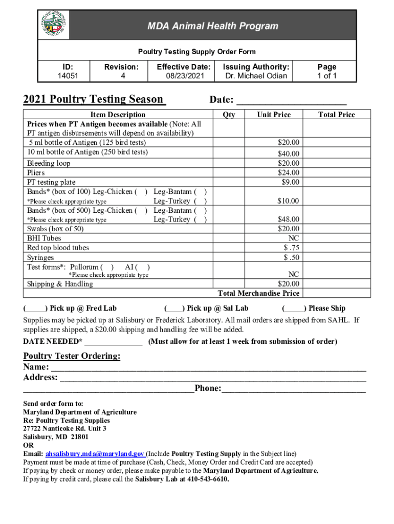Fillable Online mda maryland Poultry Supply Order Form - Maryland ...