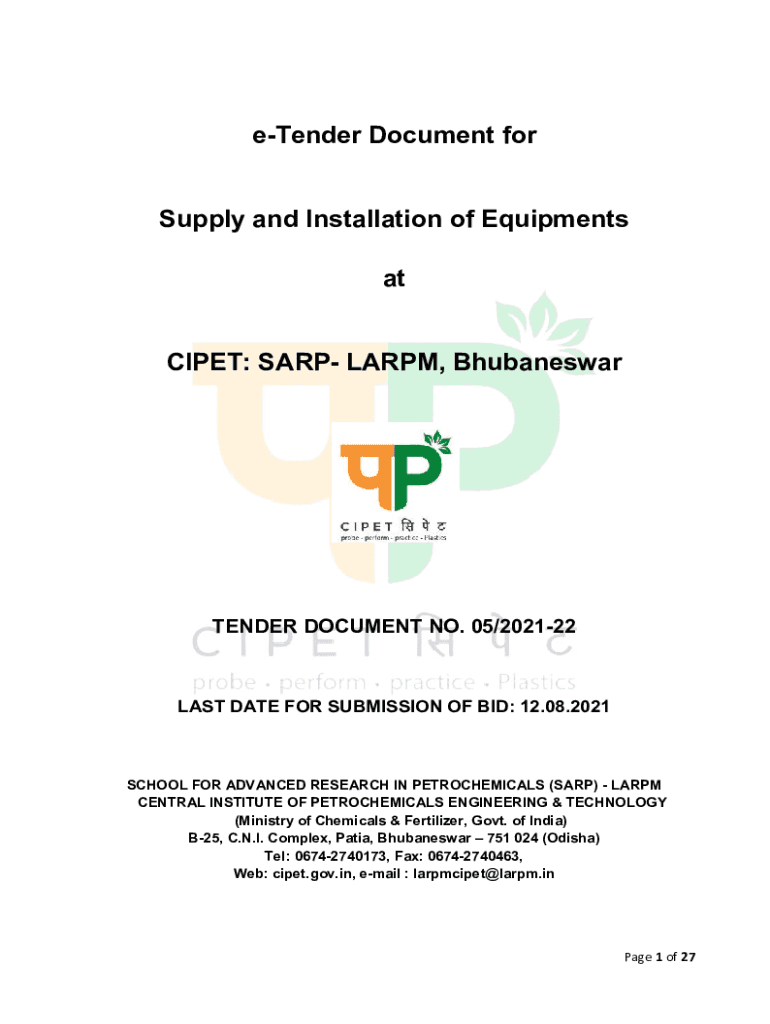 Fillable Online e-Tender Document for Supply and Installation of Lab ... - CIPET Fax Email Print ...