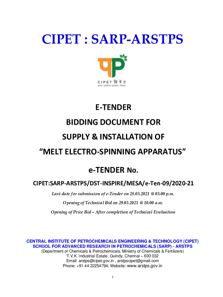 Fillable Online E-TENDER NOTICE CIPET:SARP-ARSTPS, Chennai, invites ...