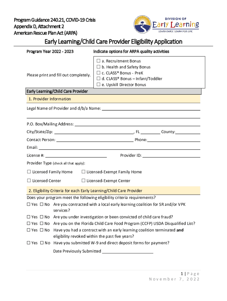 Fillable Online Early Learning/Child Care Provider Eligibility ...