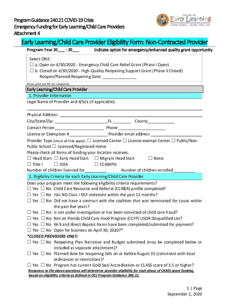 Fillable Online Early Learning/ Child Care Provider Eligibility Form ...